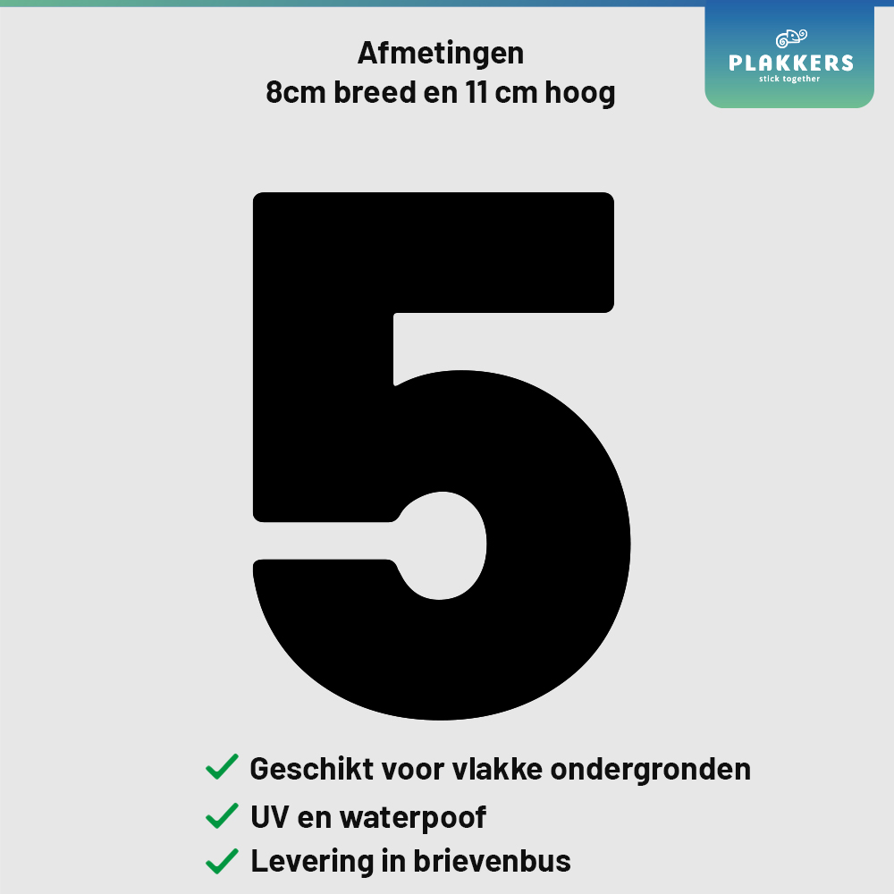 Cijfersticker Nummer 5 Zwart - Brievenbus - Container - Deur - Plakkers.nl